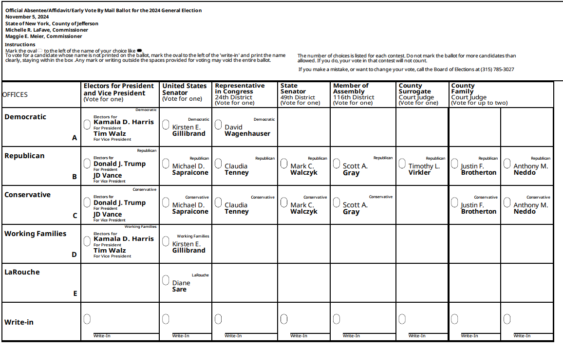 Welcome to Jefferson County, New York - Sample General Election Ballots ...